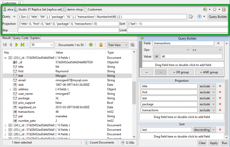Explore MongoDB Data | Collection Tab | Studio 3T